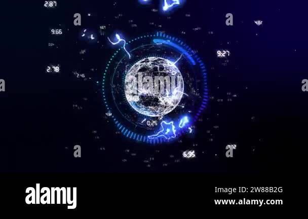 Animation of globe with electrical flashes, circular scanner and data ...