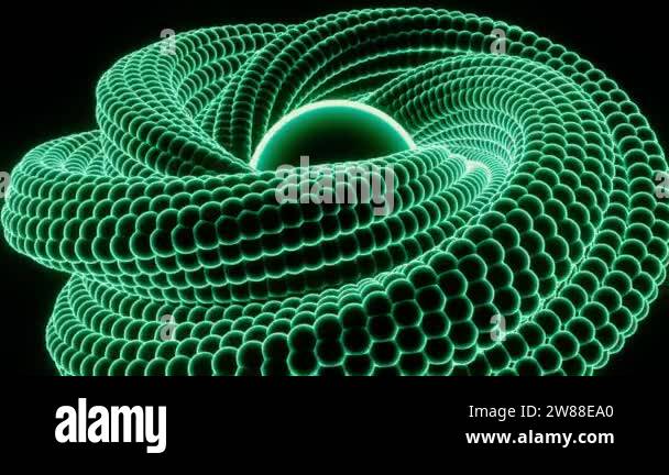 Animation of spheres assembled in a spiral shape twisting on a black ...