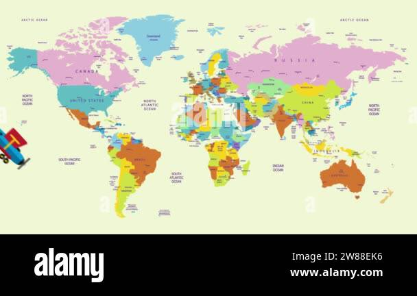 detailed colorful world map with trail track from air vehicle ...