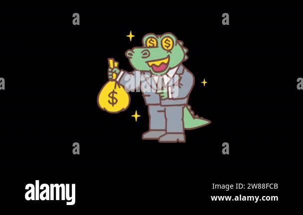 Alligator holding money bag and smiles. Frame by frame animation. Alpha ...