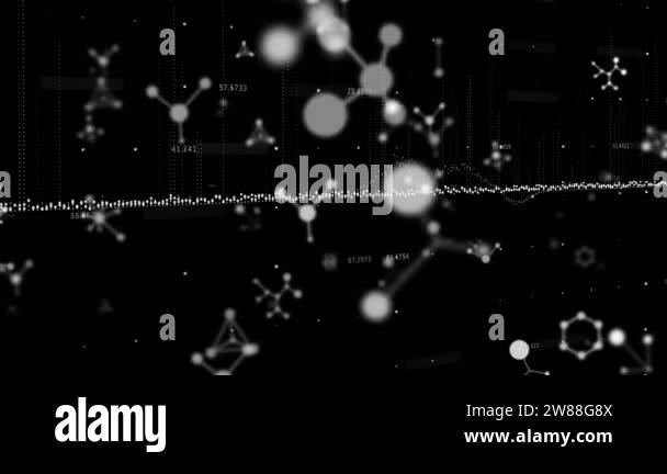 Multiple changing numbers and molecular structures floating against black background. medical ...