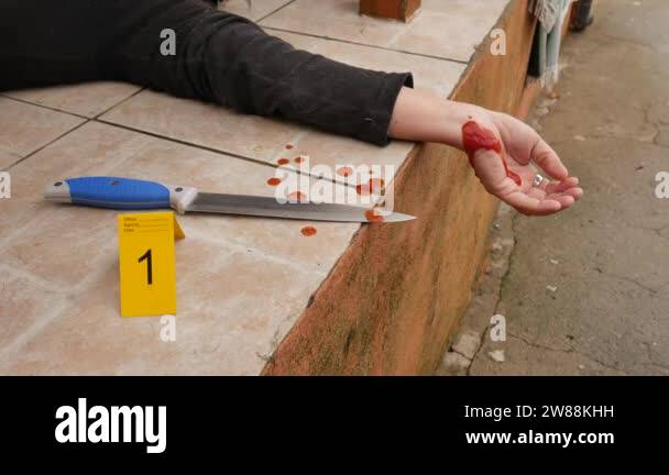 crime scene of a suicide or a murder with the arm dangling and bleeding ...