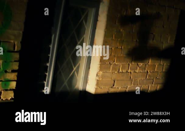 Shadow of maniac's hand with axe on wall of abandoned building, horror ...