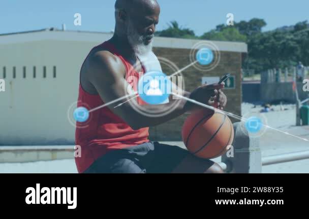 Animation of network of connections over senior african american man ...