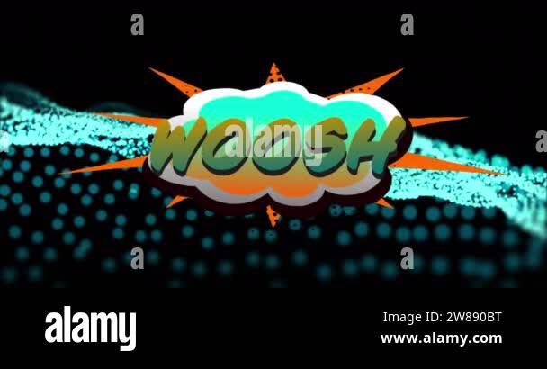 Animation of woosh text over blue dots on black background. social ...