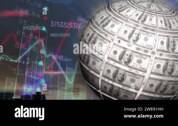 Animation of american dollar banknotes globe spinning over heart rate ...