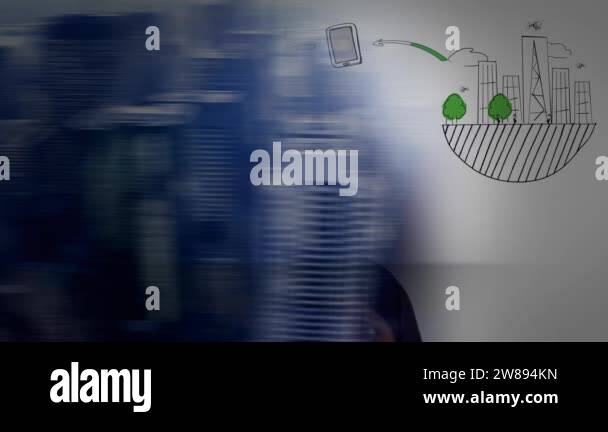 Animation of hand drawn computer and internet symbols seen through hole ...