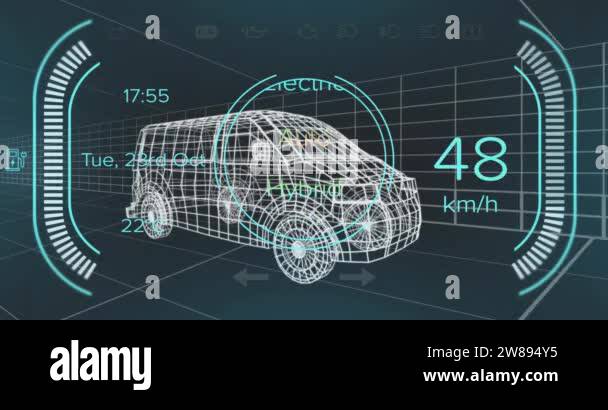 Animation of speedometer, gps and charge status data on hybrid van ...