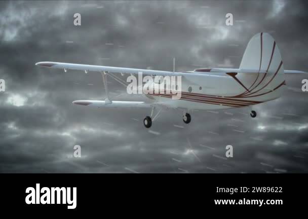 The antonov An-2 bi-plane fly in bad weather. Old white retro plane ...