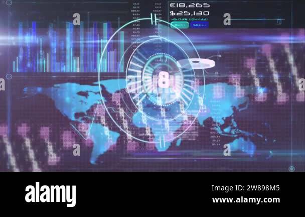 Animation of scope scanning with world map and data processing on screen. global business, data ...