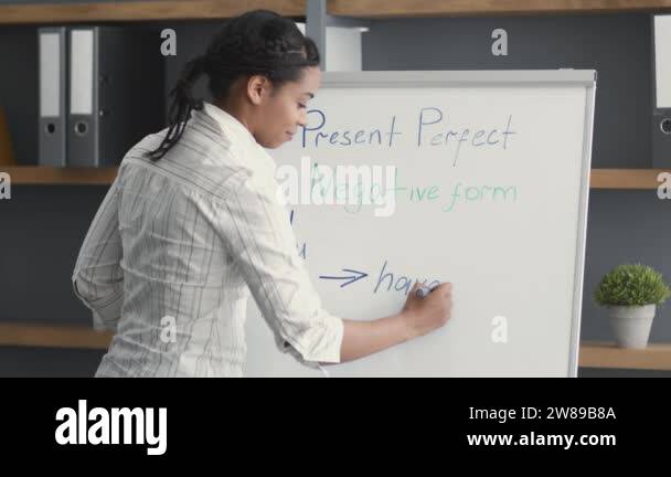 Young professional african american lady teacher writing English ...