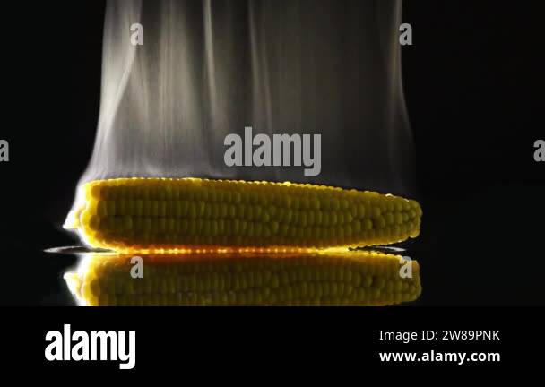 Hot corn with steam on black mirror. Side view. Close-up seeds of sweet ...