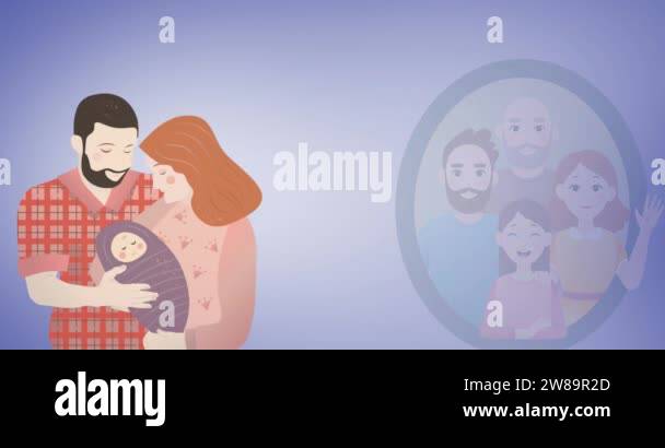 Animation of illustration of multi generation family portrait, and ...