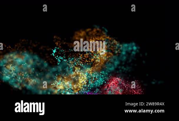 Animation of pink and blue particle clouds moving on black background. movement, energy and form ...