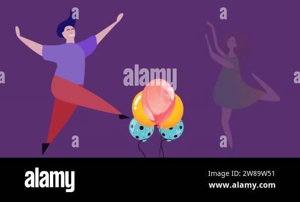 Animation of illustration of happy man and woman dancing for joy, with ...