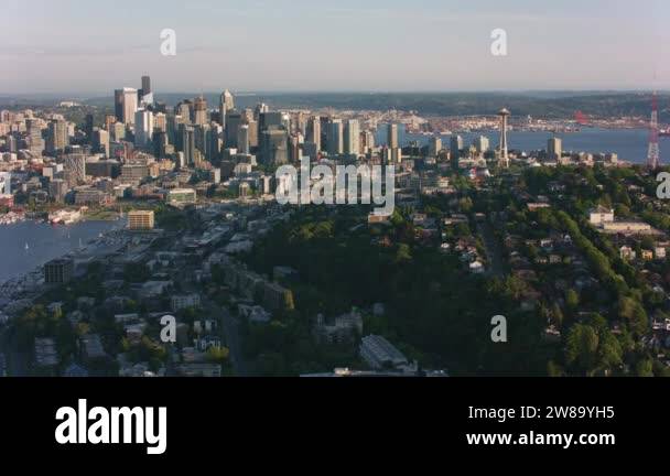 Seattle, Washington circa-2019. Aerial view of downtown Seattle. Shot ...