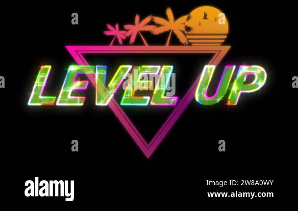 Animation of level up text in glowing letters over tropical sunset with ...