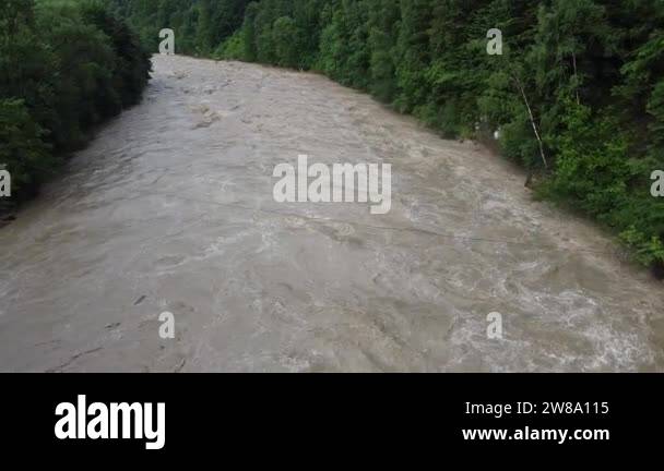River with dirty water floating with high speed after big rain, plants ...