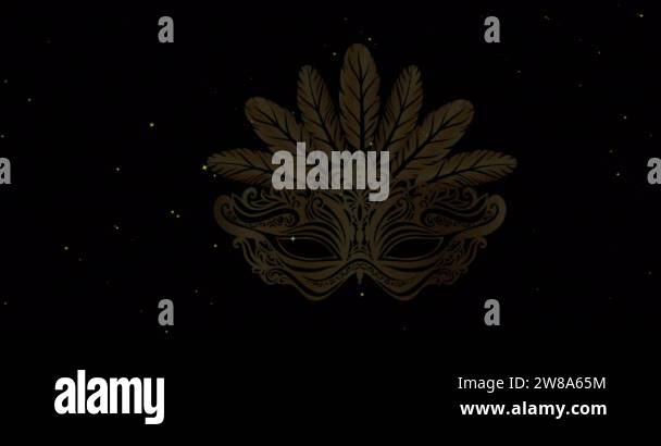 Animation of gold masquerade mask with feathers over white stars moving ...