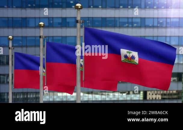 3D, Haitian flag waving on wind with modern skyscraper city. Haiti ...