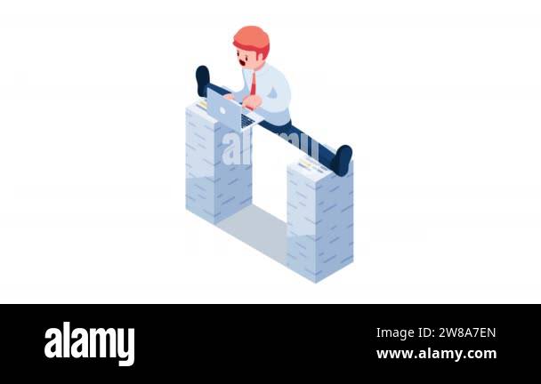 Flat 3d Isometric Businessman with Laptop Spread his Legs Between Stack ...