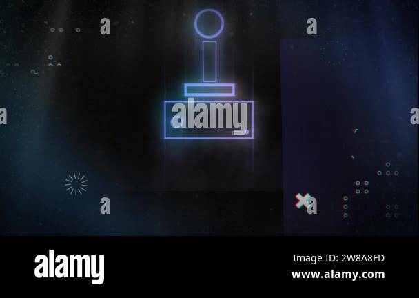 Animation of joystick over neon shapes on black background. video game ...