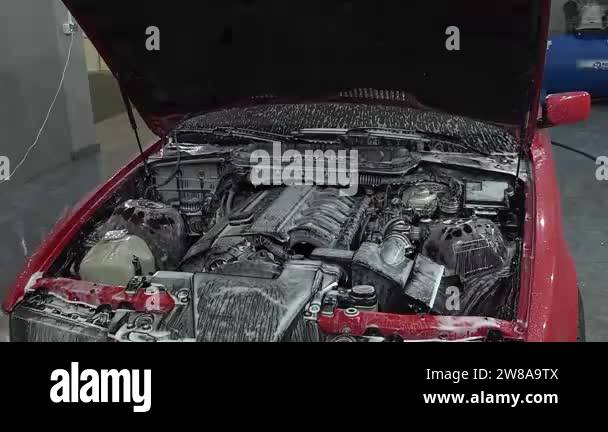 Car detailing maintenance. Cleaning engine with hot steam. Washing at ...