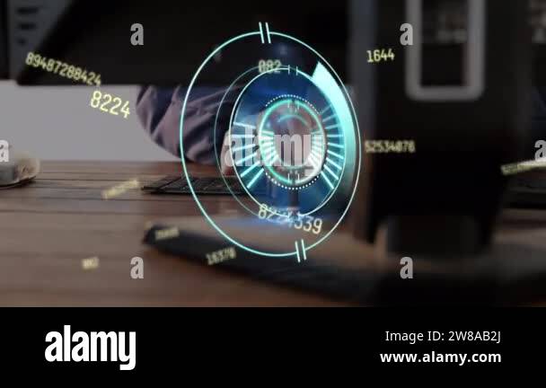 Animation of scope scanning over numbers and person using keyboard. global connections, data ...