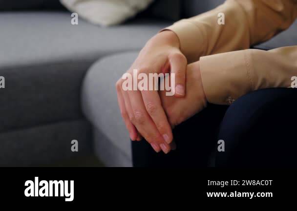 Close up woman moving hands expressing anxiety and nervous strain ...