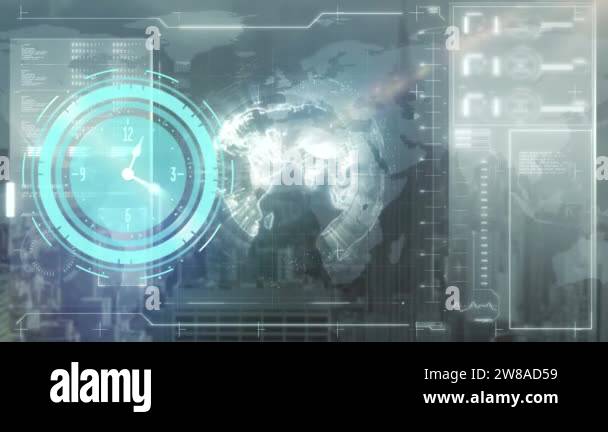 Animation of clock moving fast and data processing with world map on screen. global connections ...