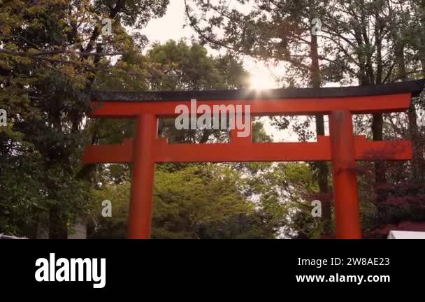 Beautiful red tori gate at Maruyama of Kyoto. Path with a japanese ...