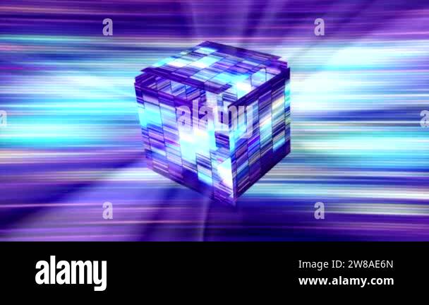 Empty glowing cube in cyberspace. Motion. Futuristic glowing cube decomposing into pieces in ...