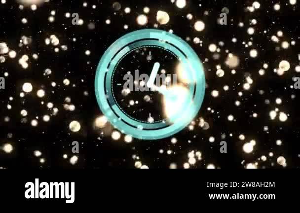 Animation of clock with moving hands over glowing lights on black ...