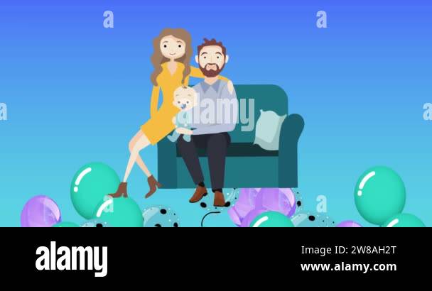 Animation of illustration of happy parents holding baby, with colourful ...