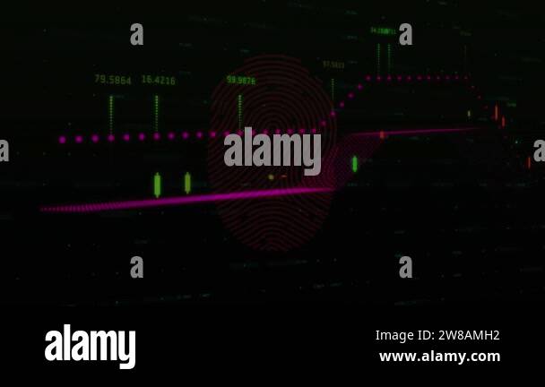 Animation Of Biometric Fingerprint Over Statistics Processing And World Map Global Connections