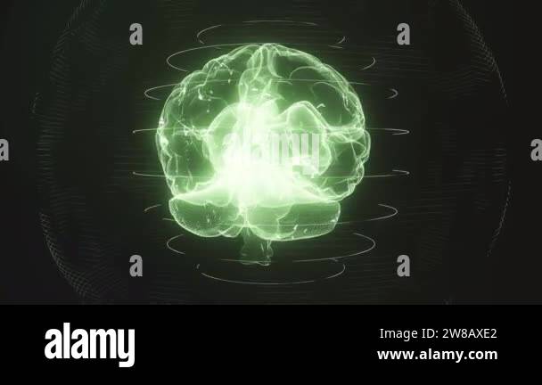Futuristic green digital brain seamless loop. Neurons firing in MRI ...