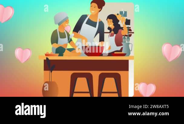 Animation of illustration of happy mother cooking with son and daughter ...