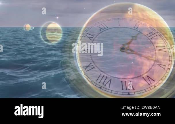 Animation of solar system, planets and space over clock ticking. global ...