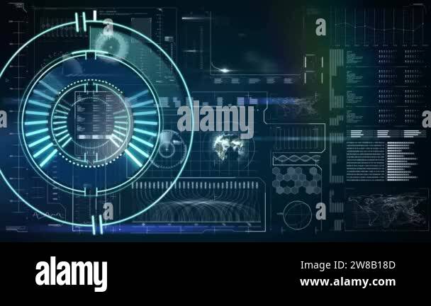 Animation of scope scanning and data processing with globe on screen. global connections, data ...