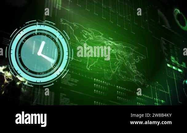 Animation of clock moving fast and data processing with world map on screen. global connections ...