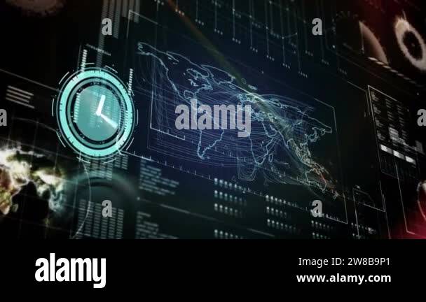 Animation of clock moving fast and data processing with world map on screen. global connections ...