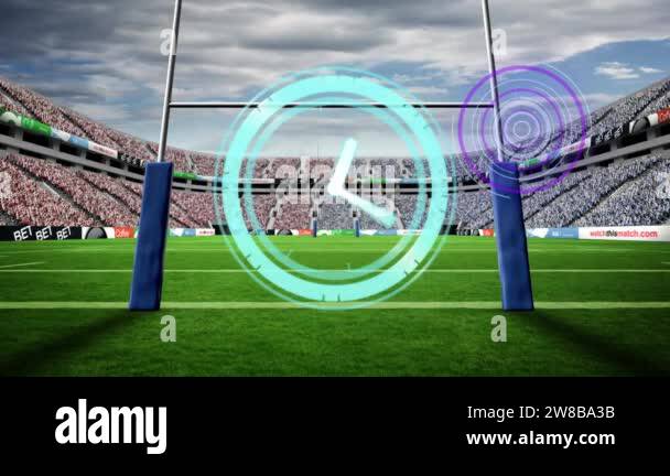 Animation of scanner with clock face processing over rugby goalposts on ...