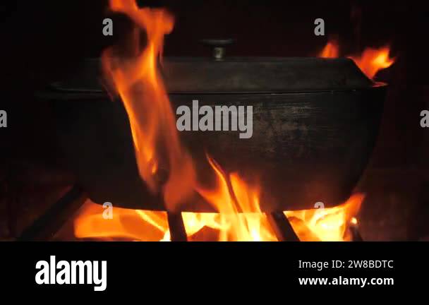 Traditional fireplace wood fired oven cooking concept. Holiday food ...