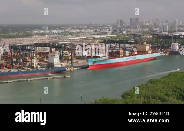 Miami, Florida circa-2019. Daytime aerial view of container ship in ...