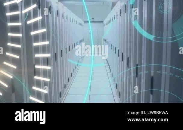 Animation of 5g text and scopes scanning over computer servers. global connections, digital ...