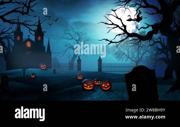 Halloween animation with the concept of green night, moon, shining ...