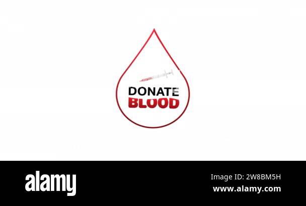Animation of donate blood text with syringe in white blood droplet logo ...