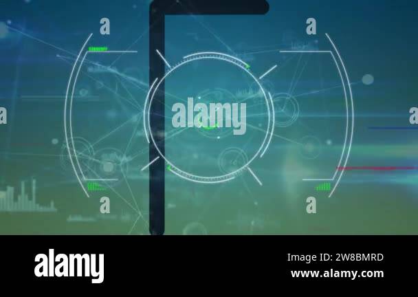 Animation of network of connections, target and data processing on green background. global ...