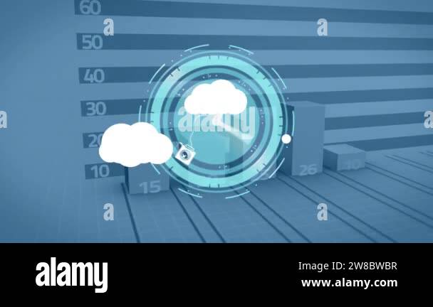 Animation of clouds with icons over graph with arrow and moving clock ...