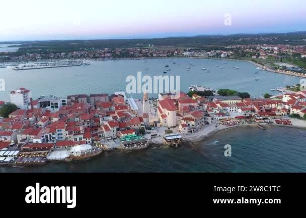 Drone flight along the promenade of the Croatian coastal town Umag ...